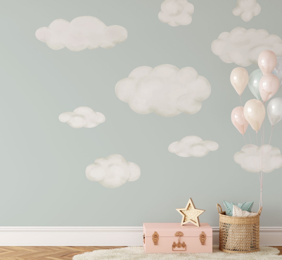 Cloud Wall Decals, Set of 9 Fluffy Clouds, Watercolor Wall Stickers for ...