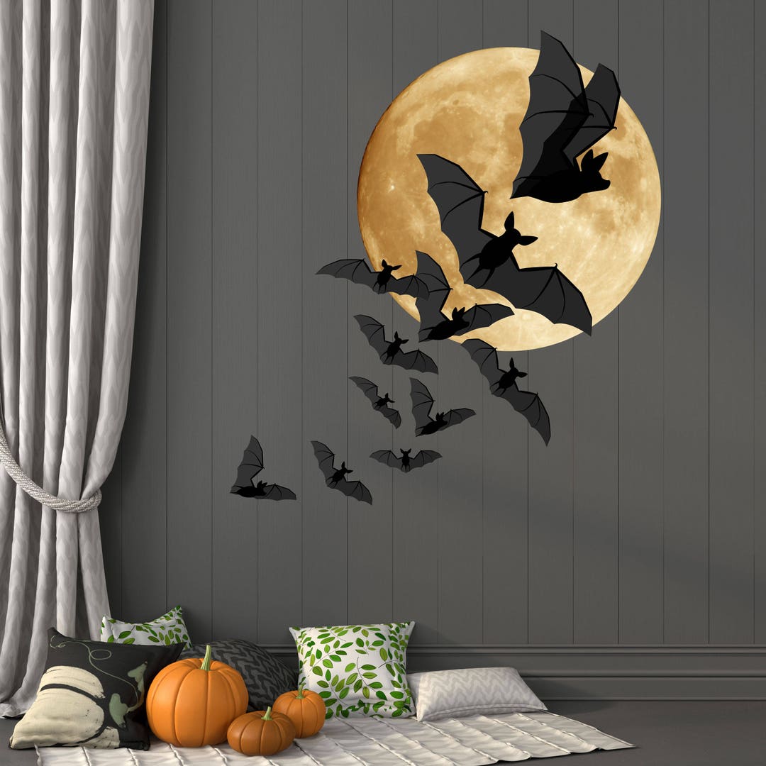 Bats and Moon Halloween Wall Decor - Full Moon and a Colony of Bats ...