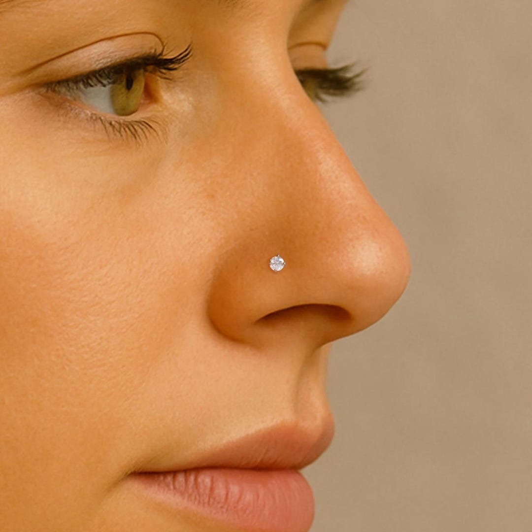 14K Solid Gold Diamond Nose Stud, Nose Ring, Nose Piercing, Clear ...