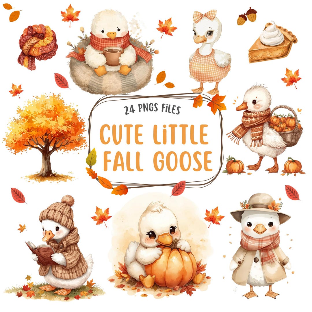 Kawaii Fall Goose Clipart Bundle: Watercolor Autumn Pngs (digital ...