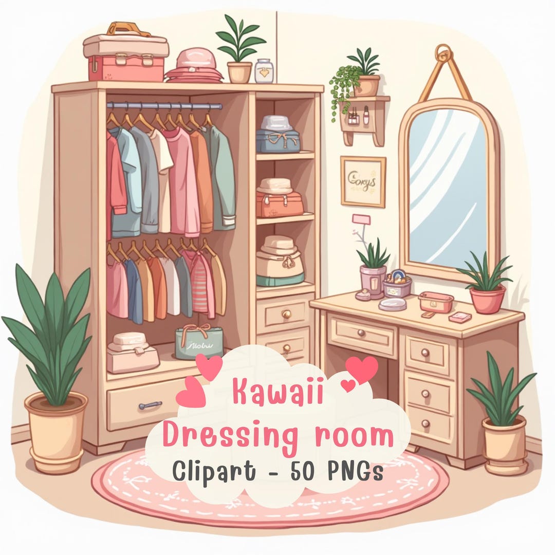 Kawaii Dressing Room Clipart: Pastel Fashion Items (50 Pngs, Digital ...