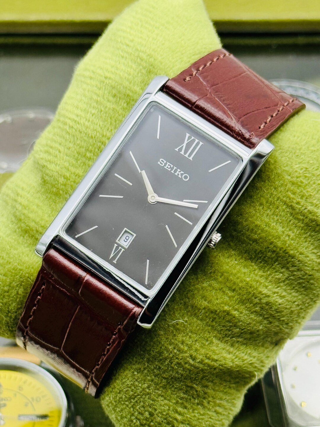 Vintage Seiko Tank Watch: Slim Rectangle Black Dial, Leather Strap ...