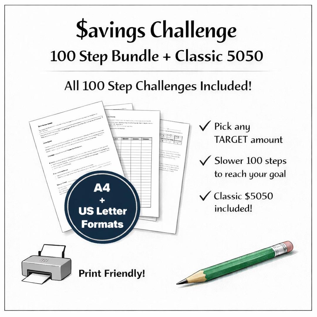 100 Step Savings Challenge Bundle, Classic 5050, Printable Budget ...
