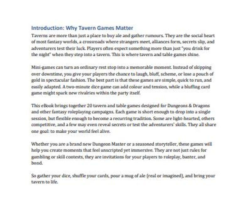 Dnd Tavern Games: 20 Mini-games & AI Prompts (printable PDF) - Etsy