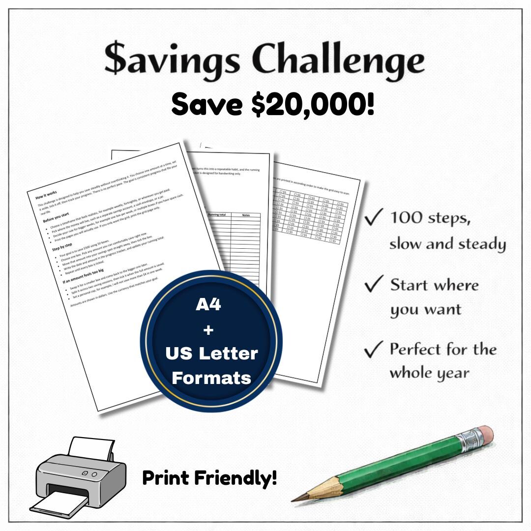 100-step 20,000 Dollar Savings Challenge Printable, Budget Tracker (A4 ...