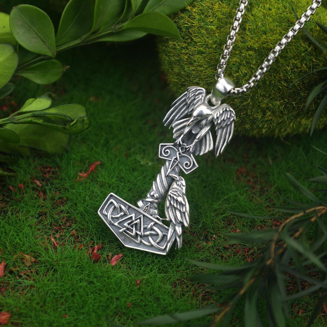 Sterling Silver Mjolnir Necklace: Thor's Hammer, Odin's Ravens ...