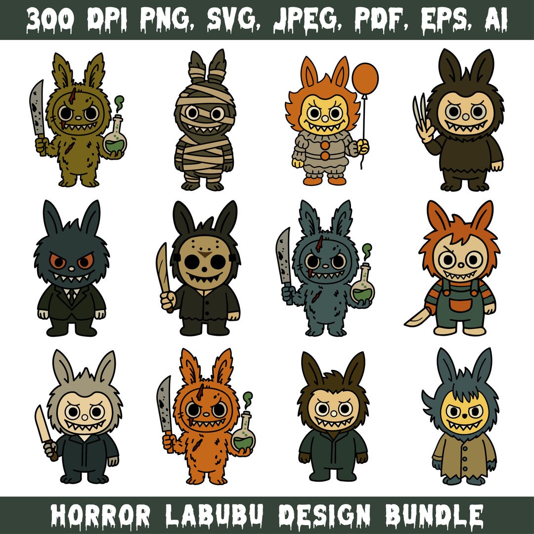 12 Horror Labubu Design SVG Bundle, Kawaii Halloween Monsters Clipart ...
