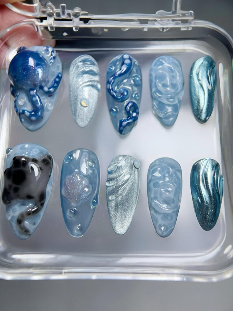 3D Octopus Press on Nails: Handmade Ocean Mermaid Nail Set - Etsy