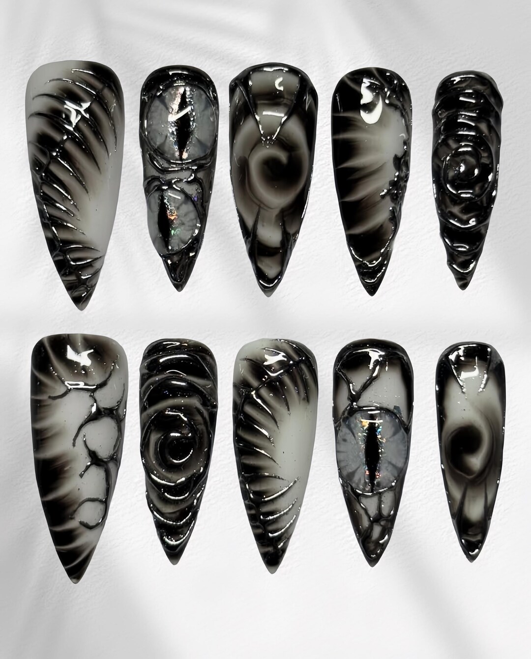 Halloween Devil Eye Nails | Gothic Stiletto Set | 3D Bone Chrome ...