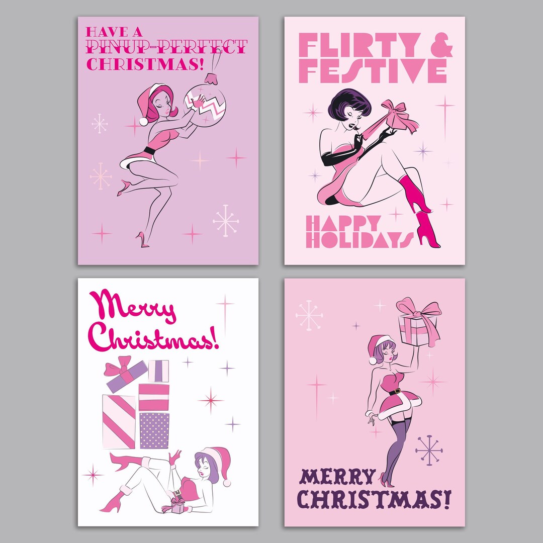 24-pack Flirty Pink Holiday Greeting Cards, 4 Retro Pinup Christmas ...