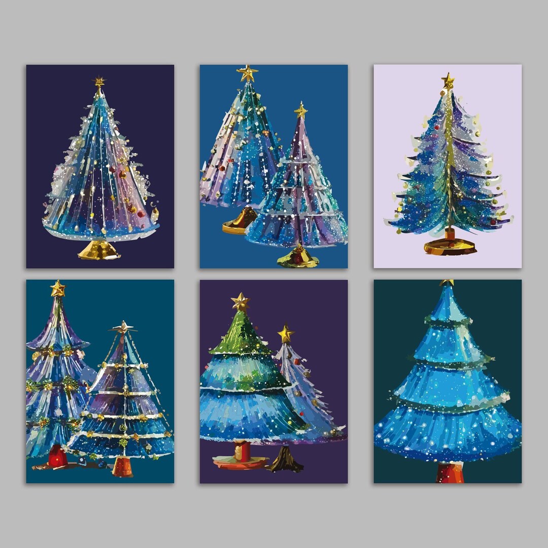 24-pack Blue Holiday Tree Greeting Cards, 6 Magical Designs With White ...