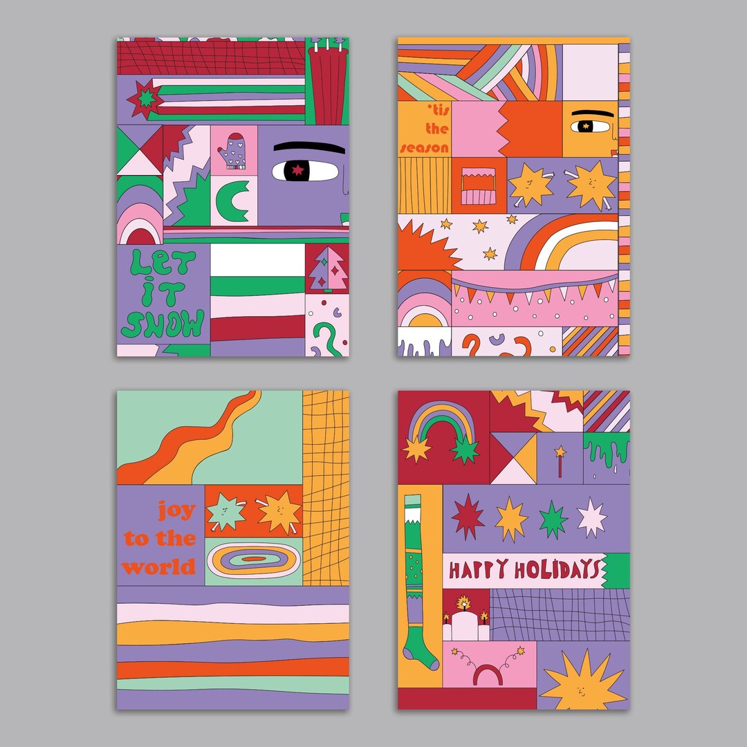 24 Colorful Boho Mod Winter Holiday Greeting Cards in 4 Retro Designs ...
