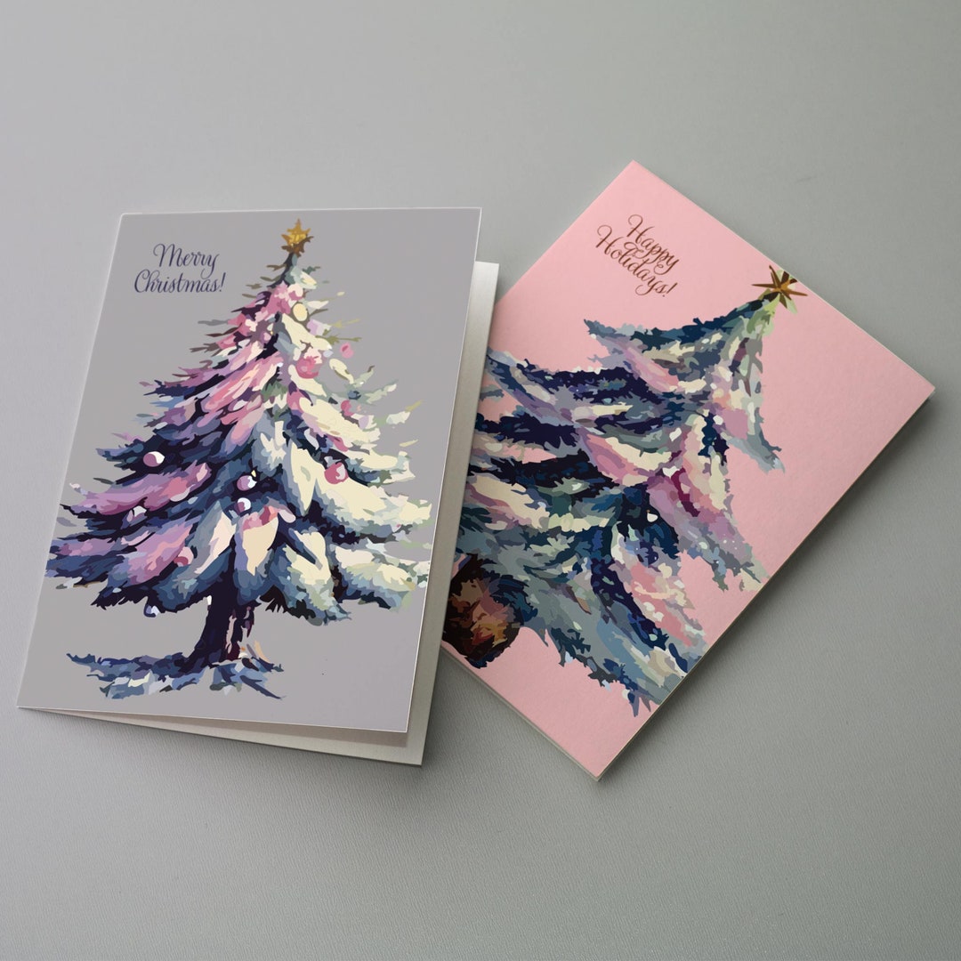 24 Pastel Snowy Christmas Tree Cards in 6 Elegant Artistic ...