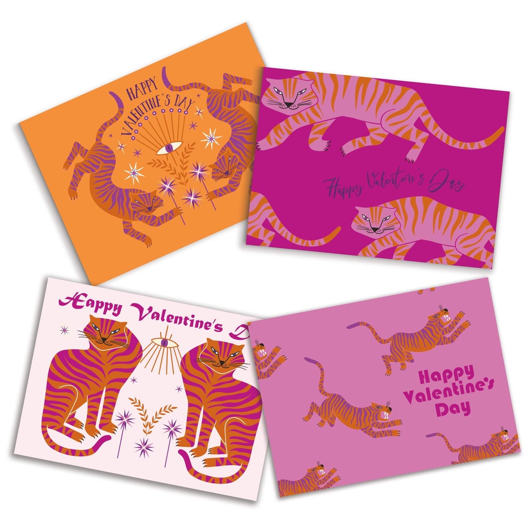 24 Tiger Happy Valentine's Day Cards + Envelopes Pink & Orange Boho ...