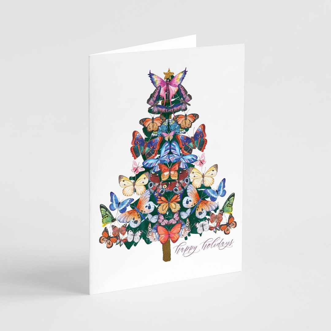 24 Butterfly Christmas Cards - Gorgeous Watercolor Christmas Tree Happy ...