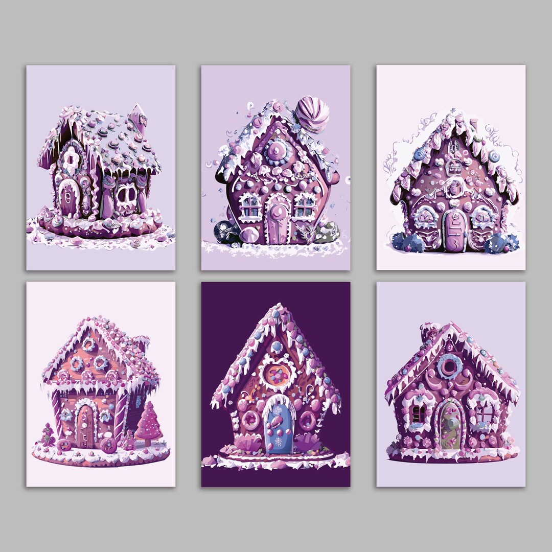 24-pack Gingerbread House Holiday Greeting Cards, 6 Whimsical Purple ...