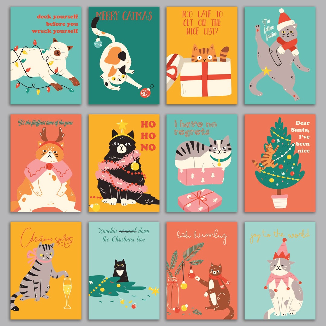 24 Funny Colorful Cat Christmas Cards in 12 Unique Illustrations ...