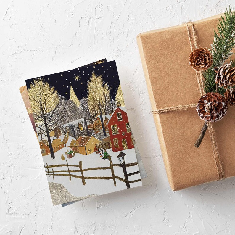 24 Nostalgic Snowy Christmas Village Cards in 4 Traditional ...