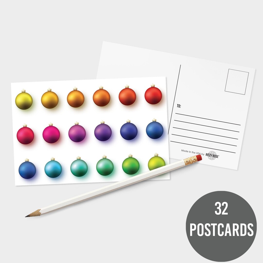 32 Rainbow Holiday Postcards - Colorful Ornament Christmas Post Cards ...