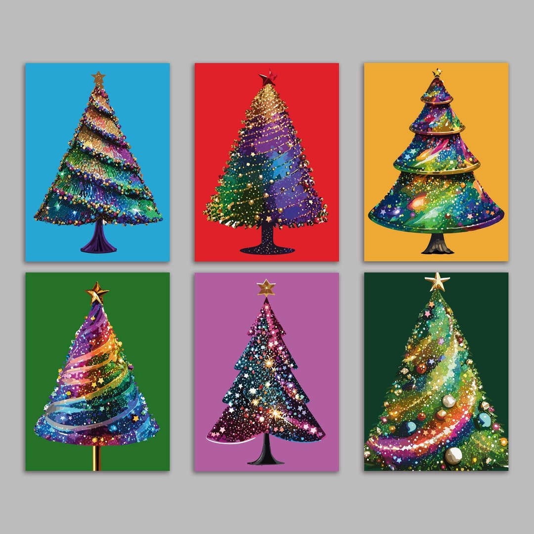 24 Sparkly Retro Christmas Tree Illustration Cards in 6 Glittery ...