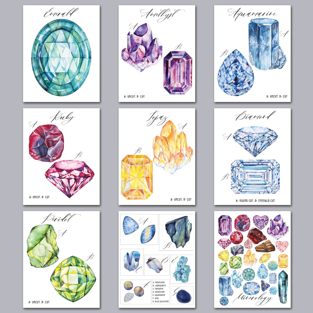 Mineralogy Wall Art: Watercolor Gemstones and Crystals - Set of 9 ...