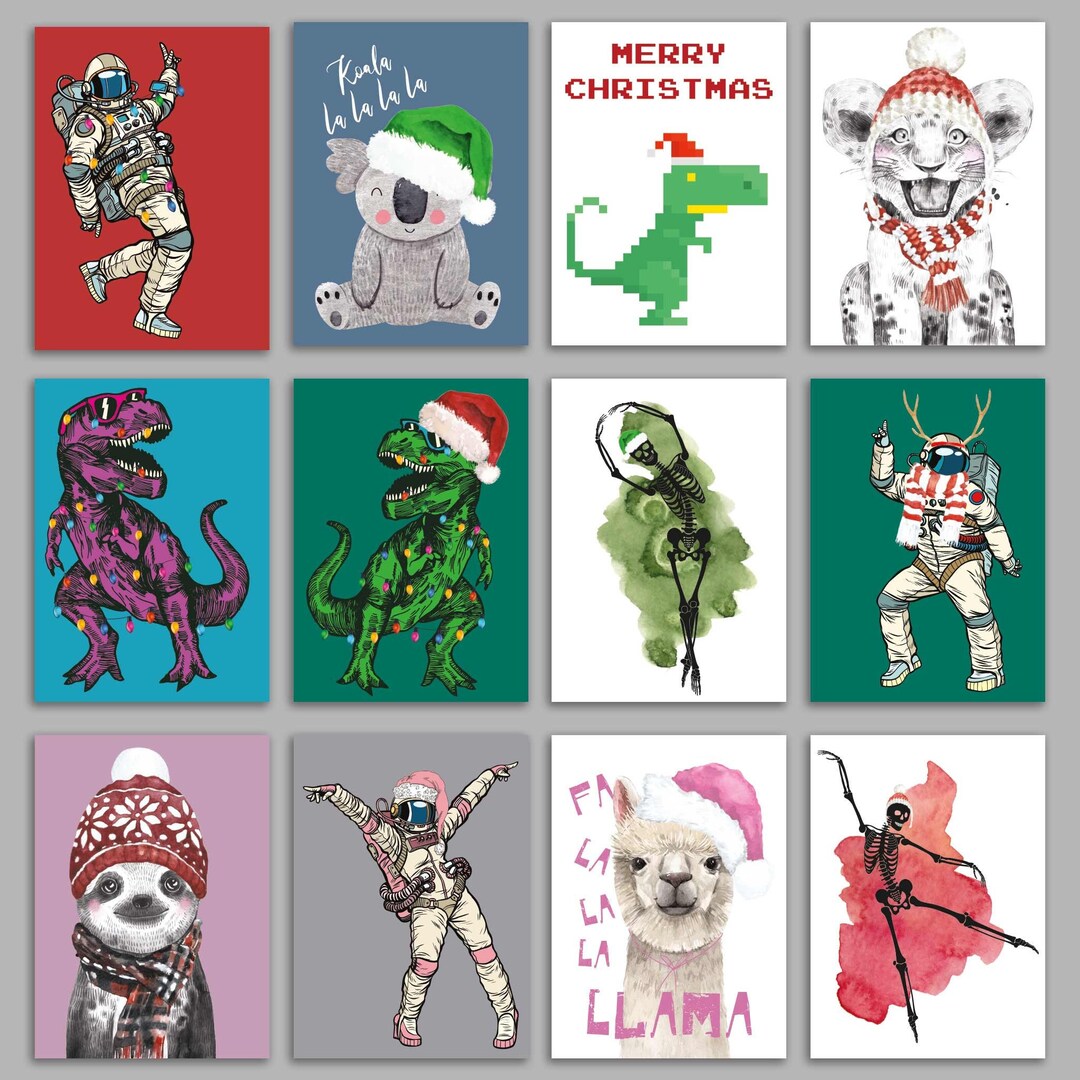 24 Pack of Fun Christmas Cards in 12 Colorful Designs Envelopes for ...