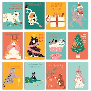 24 Funny Colorful Cat Christmas Cards in 12 Unique Illustrations ...