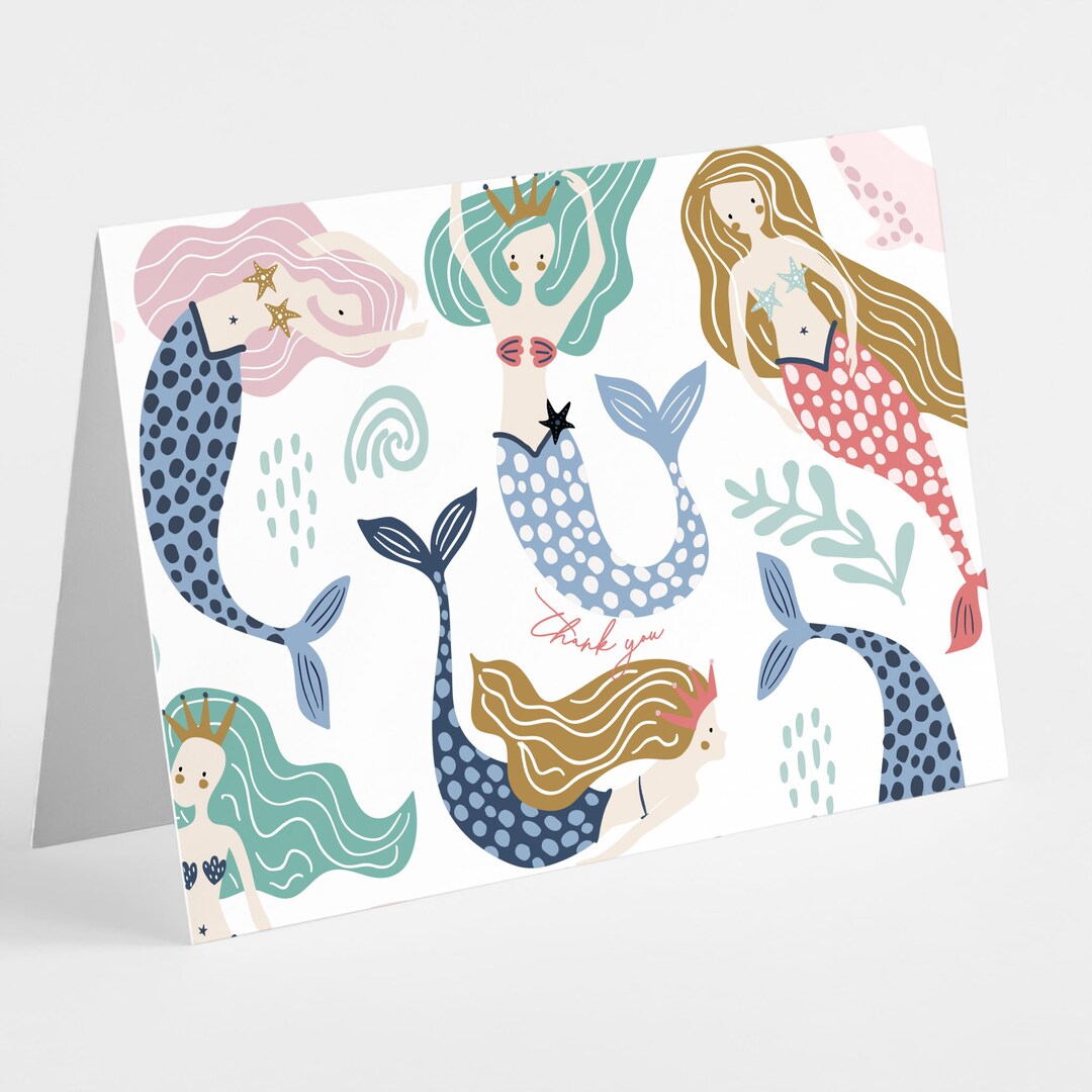 24 Mermaid Thank You Cards Girl Kids Birthday Party, Underwater Themed ...