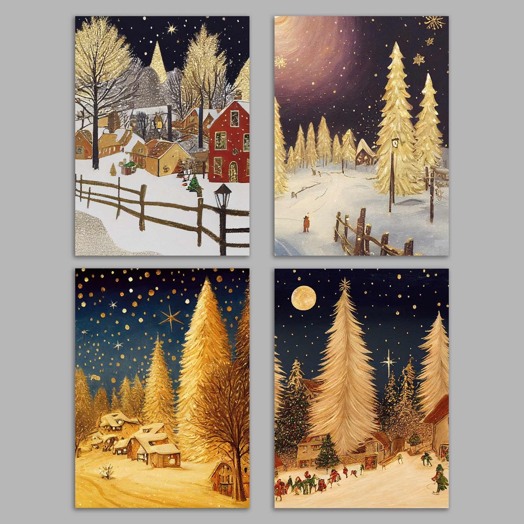 24 Nostalgic Snowy Christmas Village Cards in 4 Traditional ...