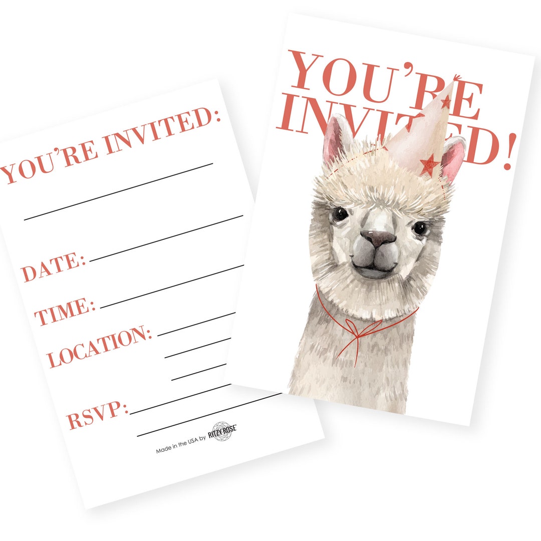 Alpaca Party Invitations Kids Animal Birthday Invites 32 Physical Cards ...