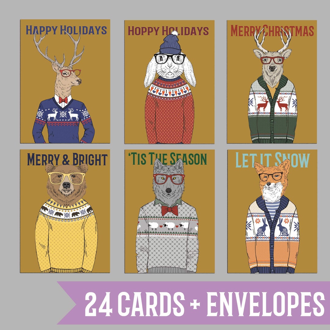 24 Funny Kids Animal Christmas Cards + Envelopes Children's Cards Ugly ...
