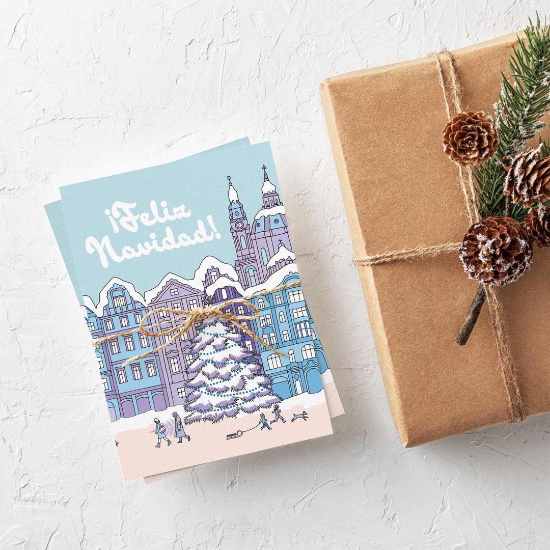 24 Feliz Navidad Spanish Christmas Cards - Snowy Winter Town Scene With ...