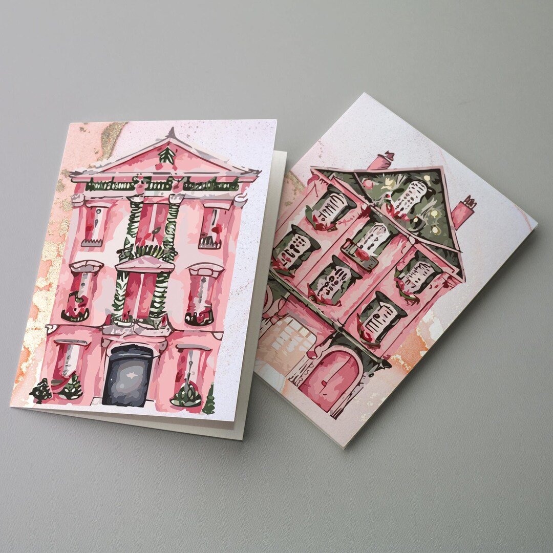 24-pack Pink Holiday House Greeting Cards, 2 Elegant Watercolor Designs ...