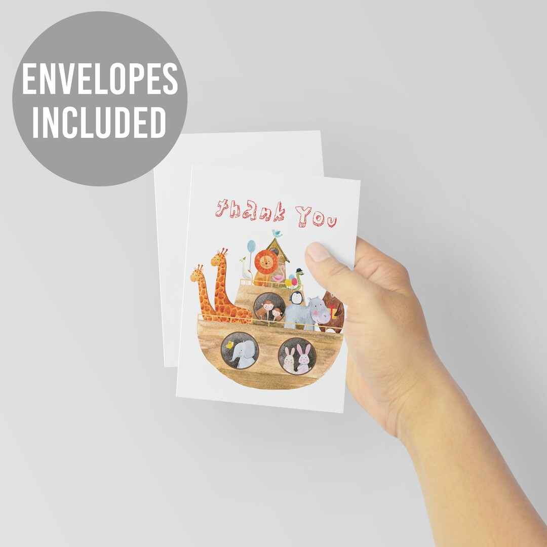24 Thank You Cards for Kids With Party Animals on Noah's Ark Theme ...