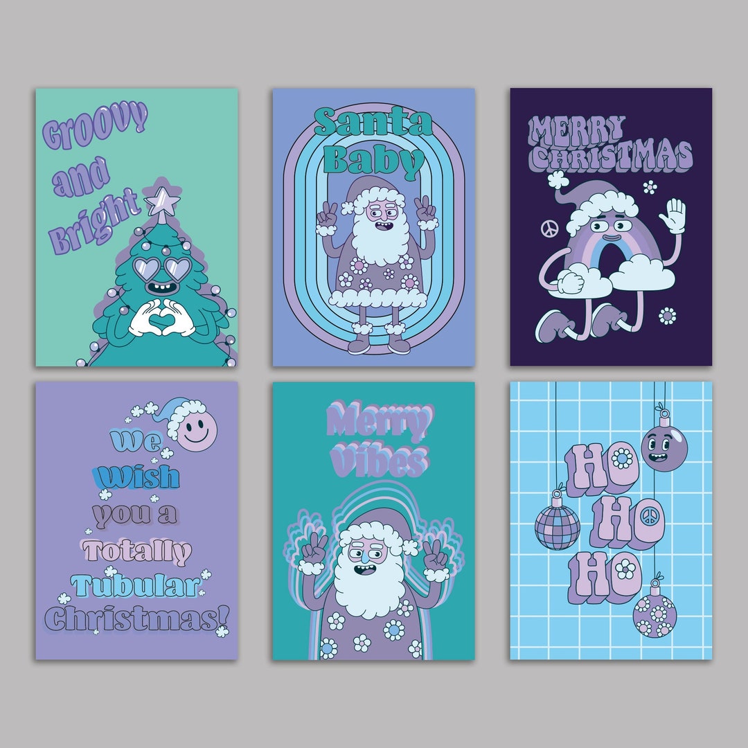 24 Boho Santa Christmas Cards in Purple & Blue Six Groovy Designs ...