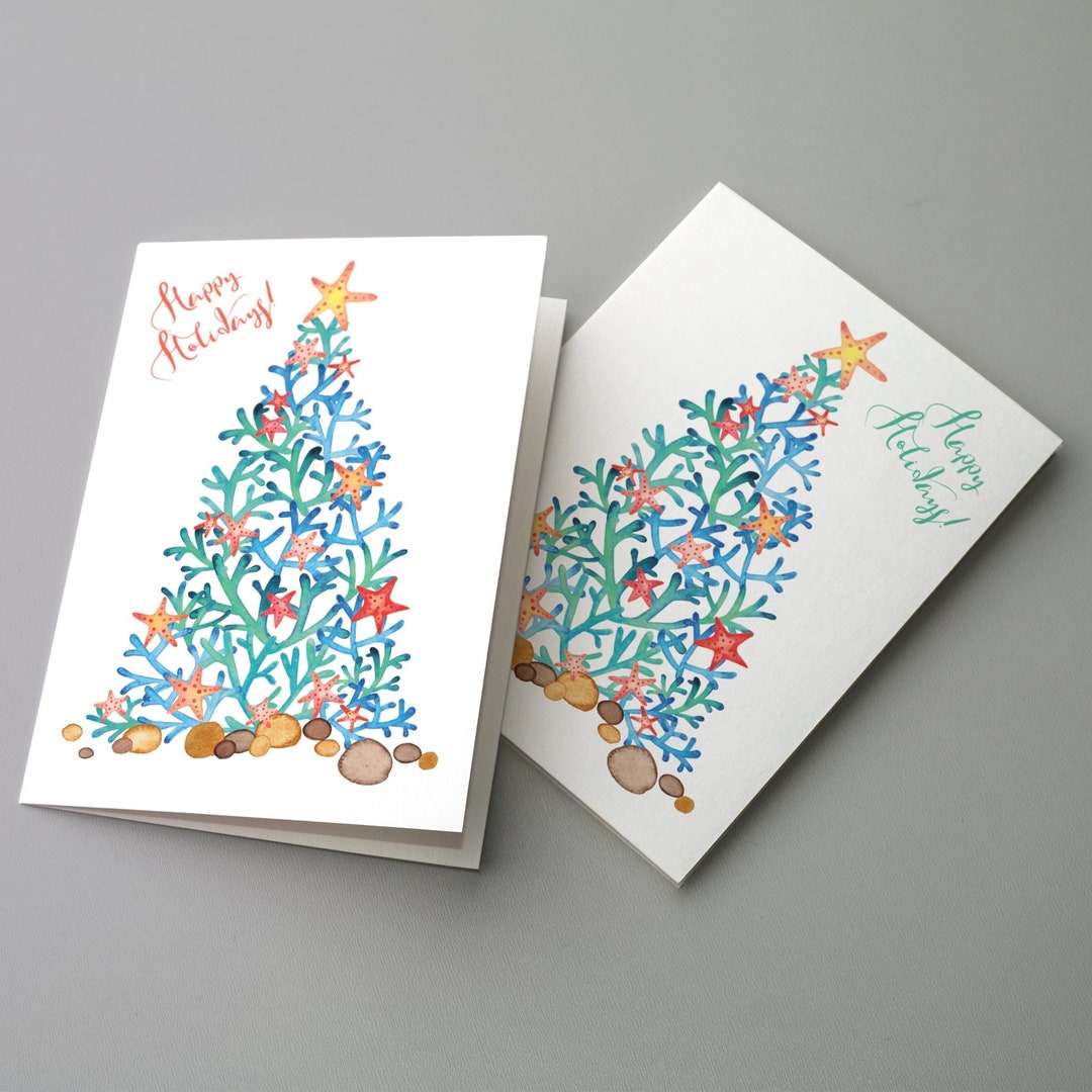 24 Ocean Christmas Tree Cards in 2 Colorful Beach Illustrations ...
