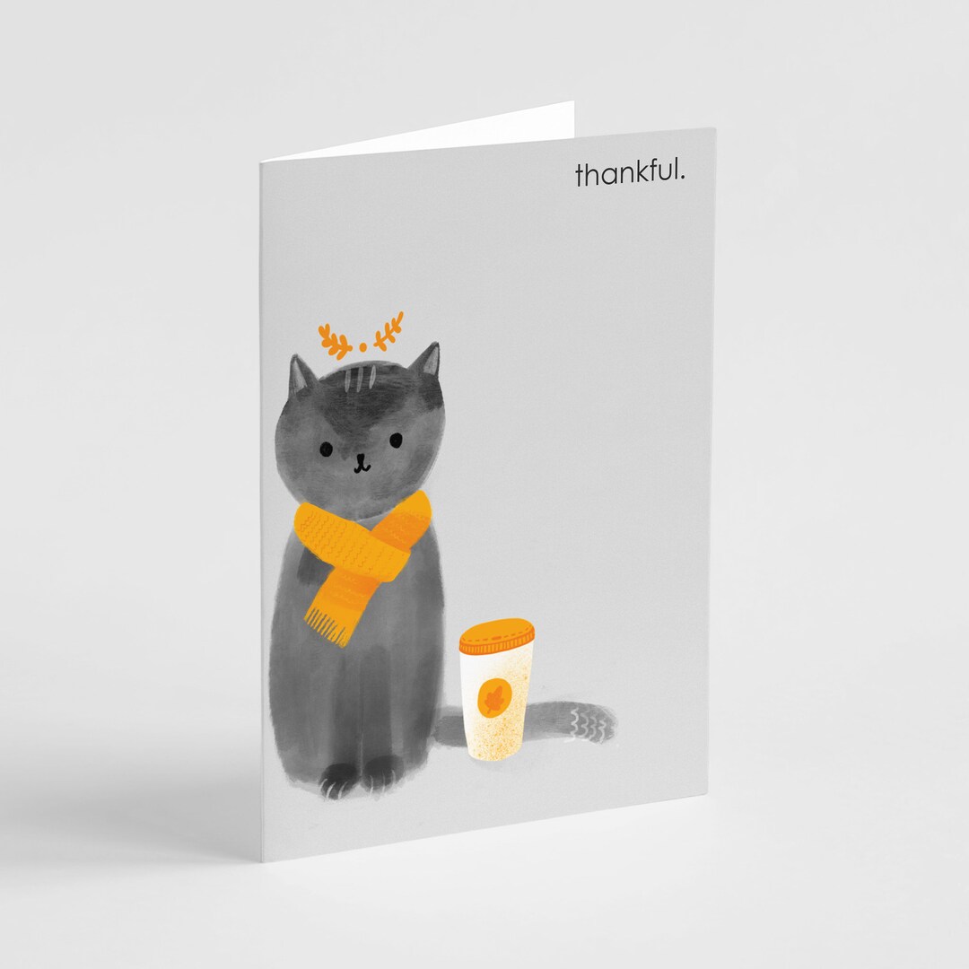 24 Thankful Cat Greeting Cards Adorable Kitten With Coffee Design for ...