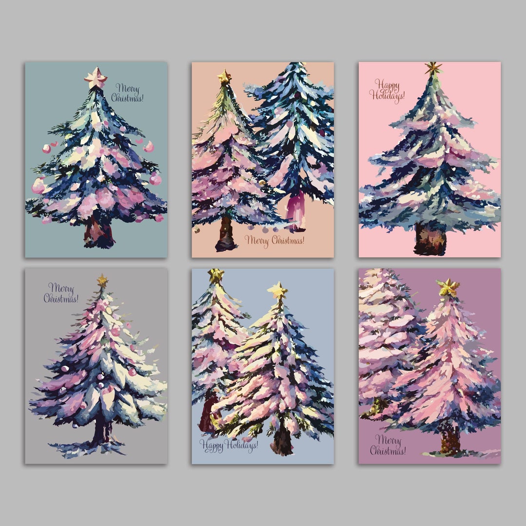 24 Pastel Snowy Christmas Tree Cards in 6 Elegant Artistic - Etsy
