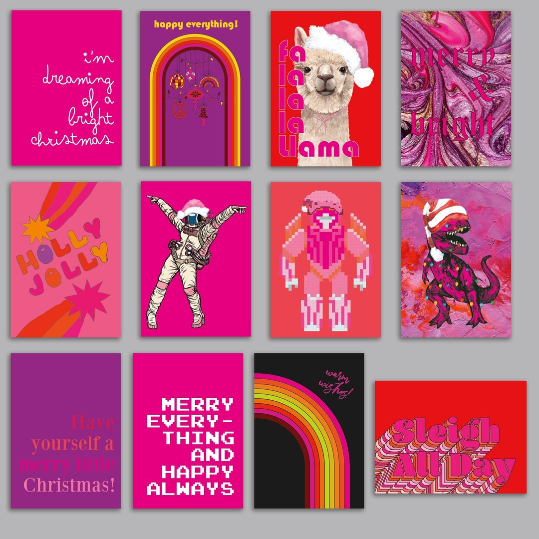 24 Hot Pink Christmas Cards in 12 Fun Designs Envelopes RR3 6951 - Etsy