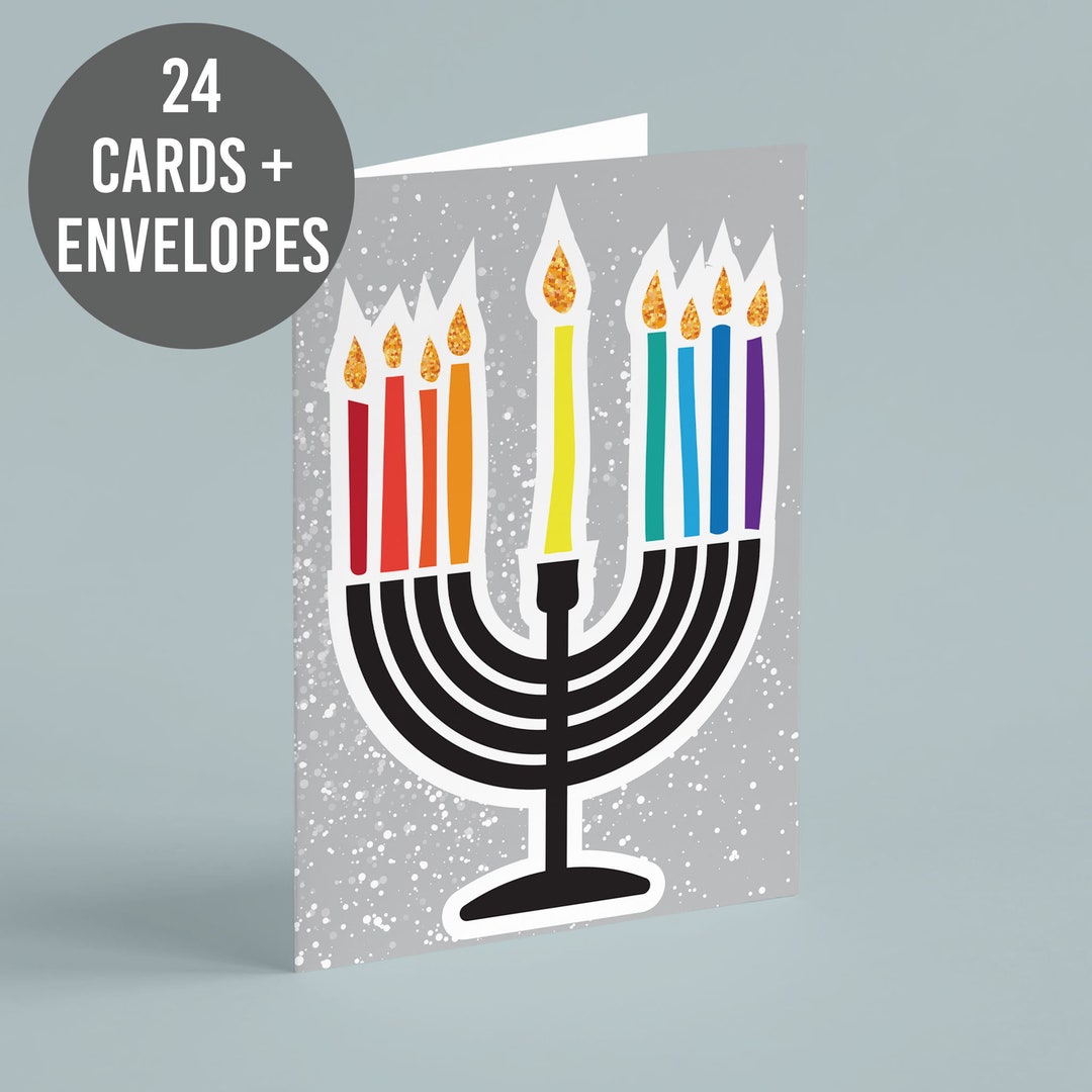 24 Rainbow Menorah Chanukah Cards + Envelopes - Happy Hanukkah Cards ...