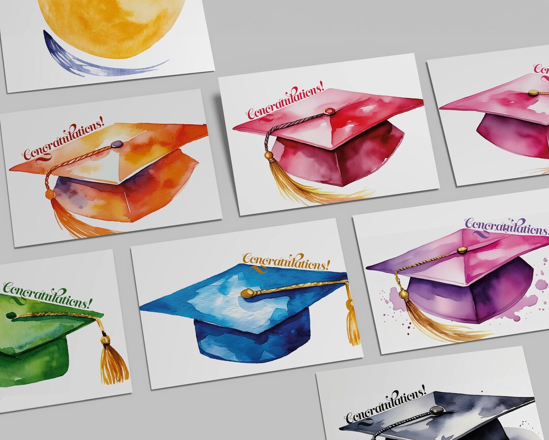 24-pack Watercolor Graduation Cap Cards, Congratulations Commencement ...