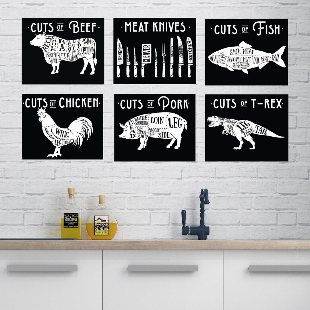 6 Butcher Prints Vintage Meat Diagram Chart Illustrations Cuts of Meat ...