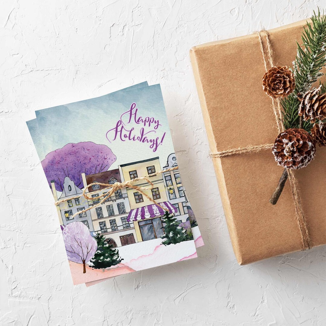 24 Small Town Happy Holiday Cards in Purples With Envelopes - Etsy