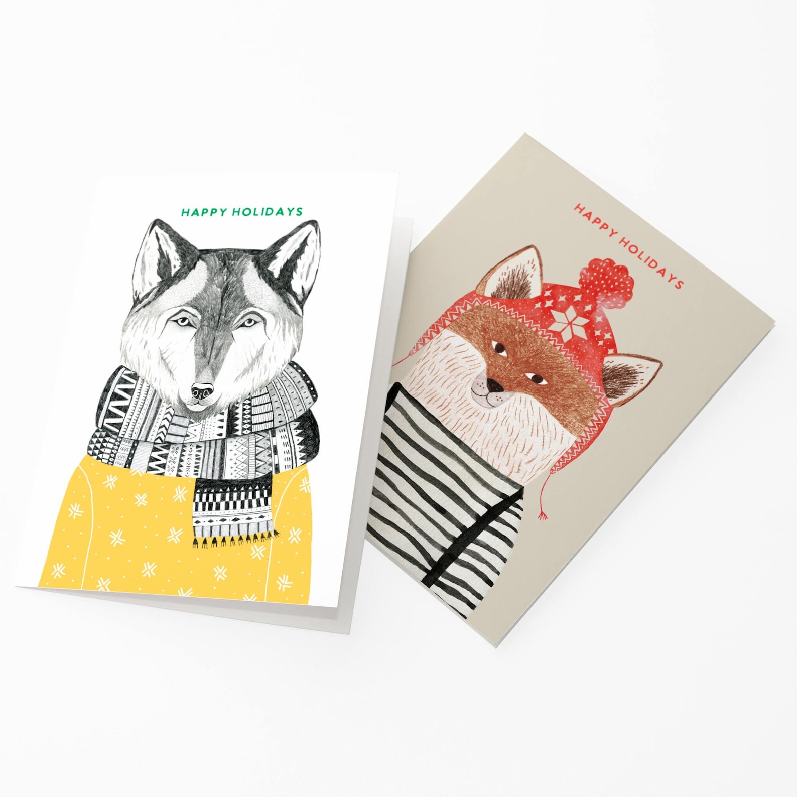24 Happy Holidays Cards Cool Animals Fox Wolf Winter Christmas ...