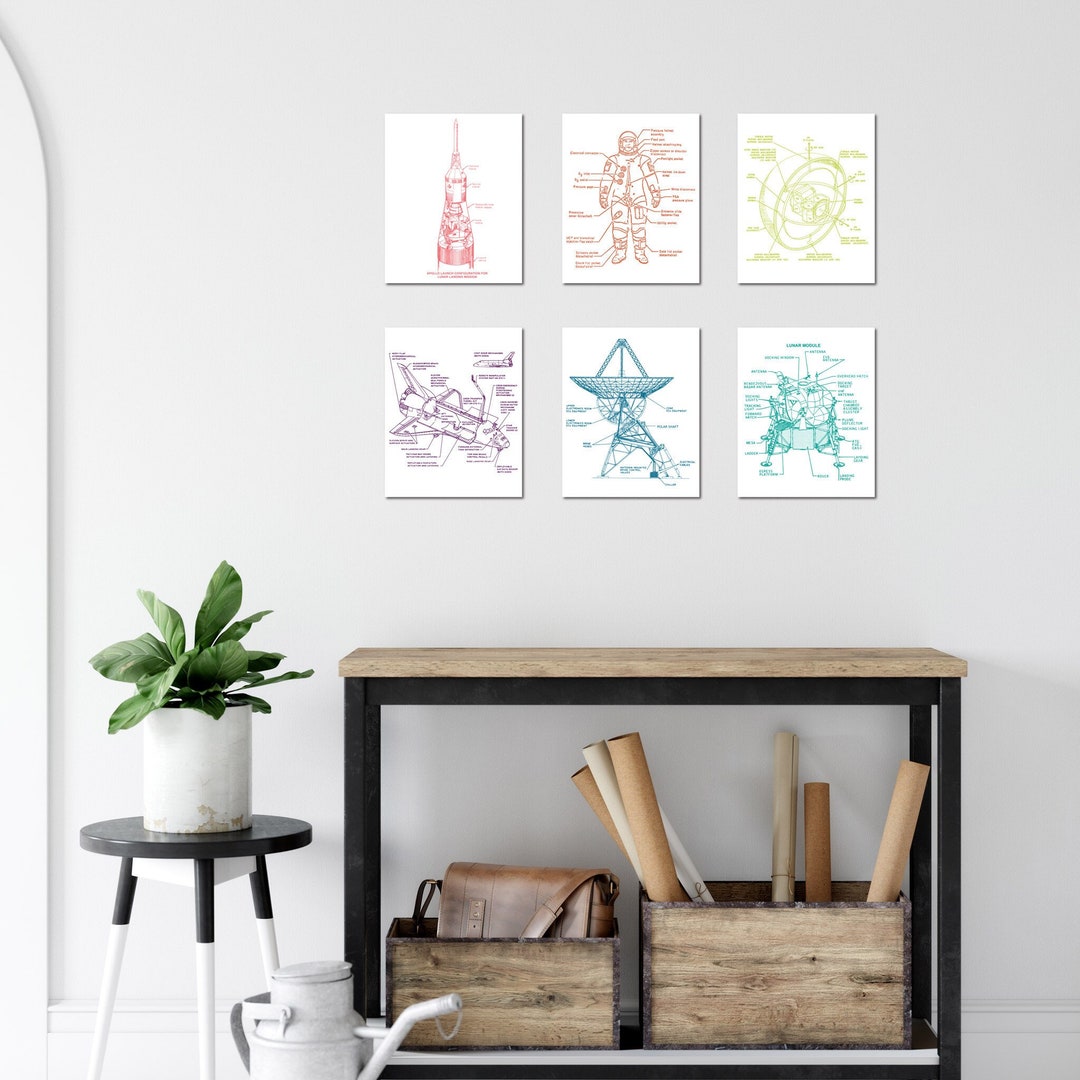 Set of 6 Space Exploration Wall Prints, Vibrant Spectrum Technical ...
