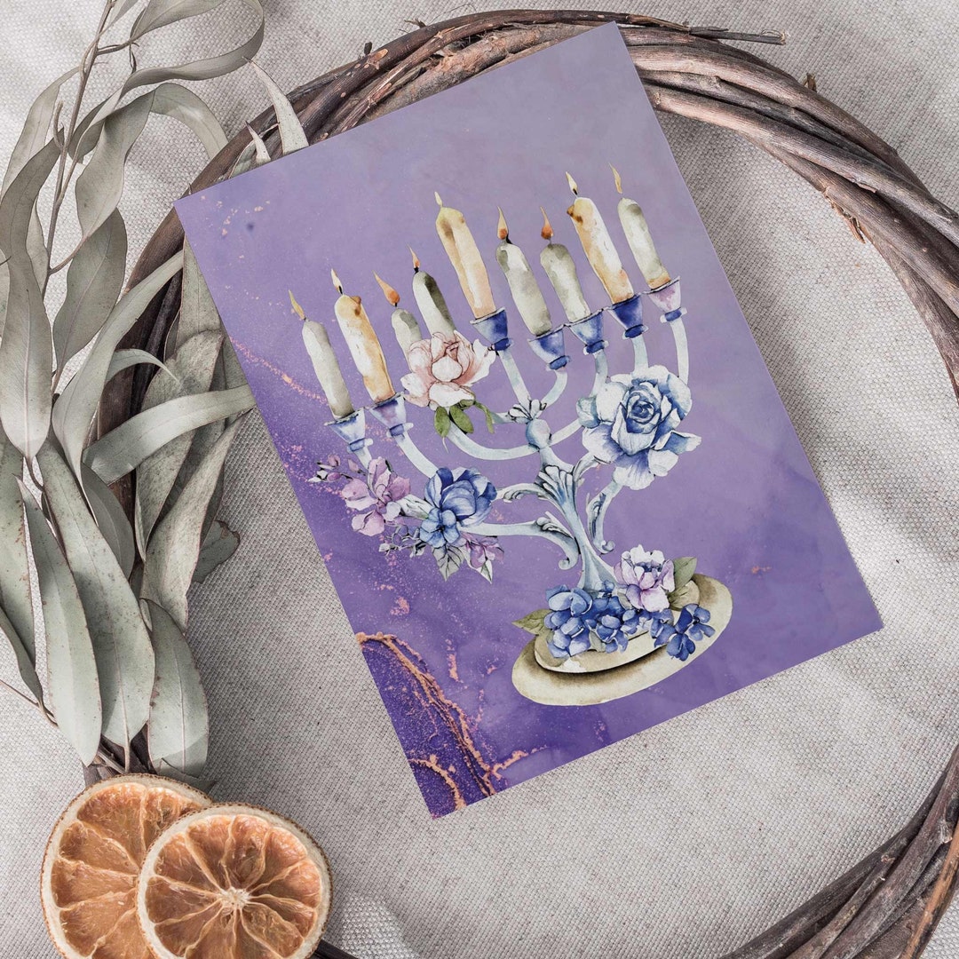 Floral Menorah Hanukkah Card, Purple Watercolor Chanukah Card, Jewish ...