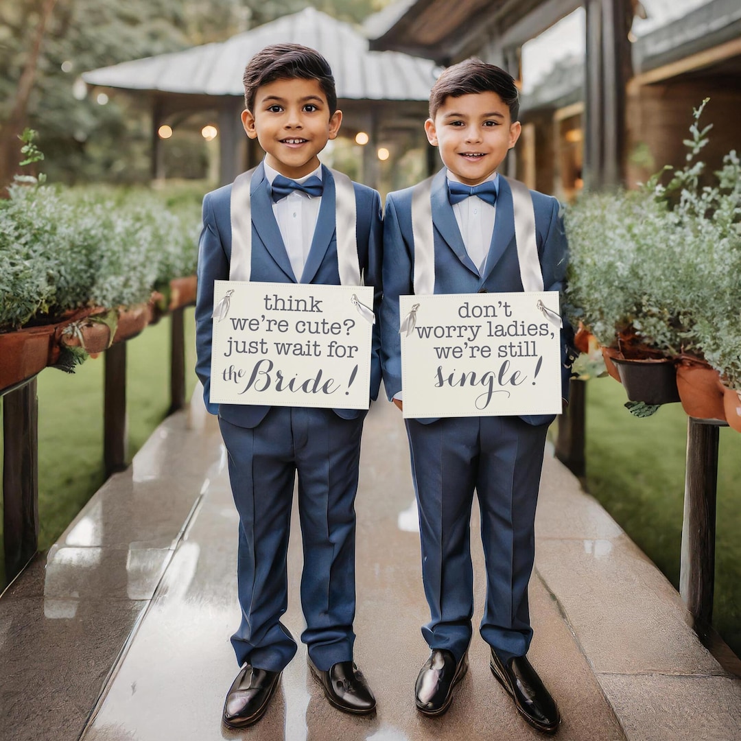 2 Ring Bearer Signs Don't Worry Ladies We're Still Single + Think We're ...