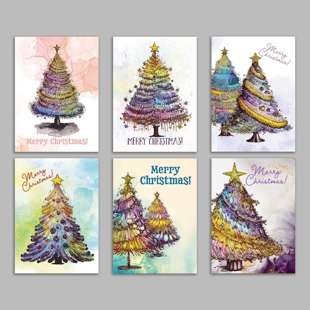 24 Tinsel Trees Christmas Cards in 6 Technicolor Designs + Envelopes - Etsy