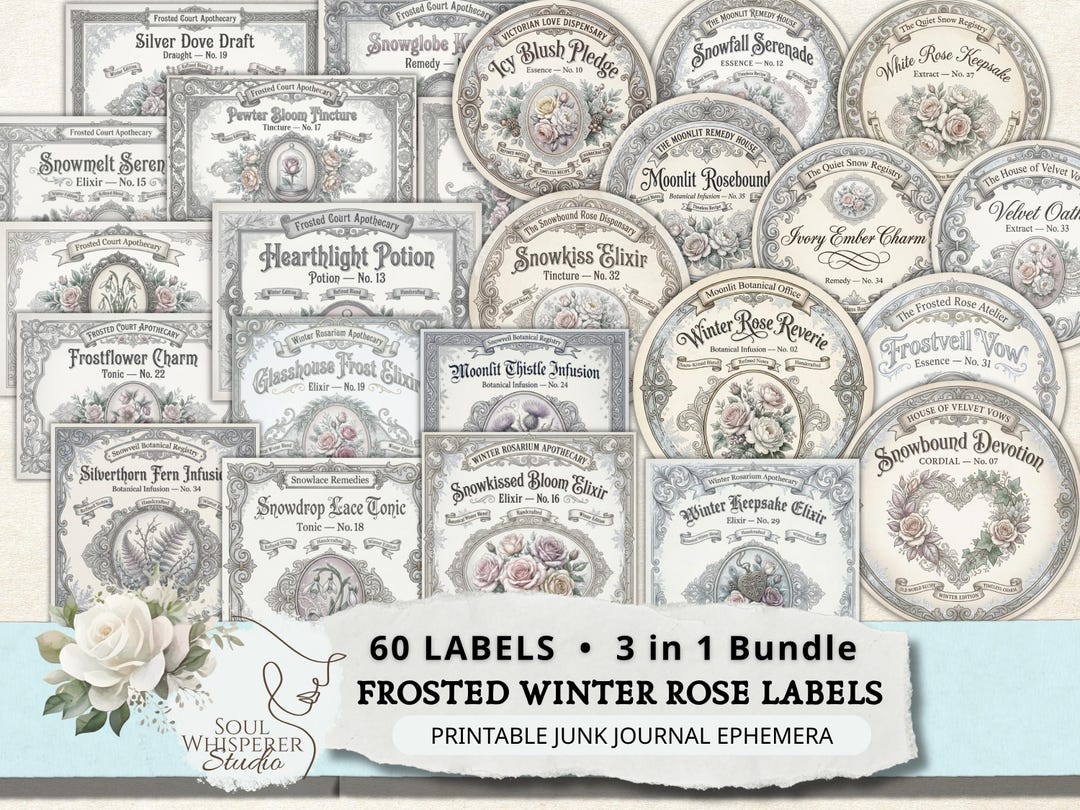 Frosted Winter Rose Apothecary Labels Bundle, Printable Ephemera Fussy ...
