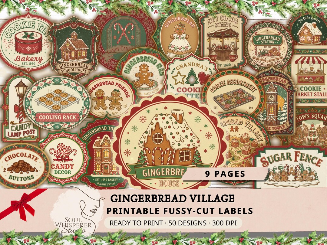 Gingerbread Village & Cookie Shoppe Labels, Vintage Christmas Bakery ...